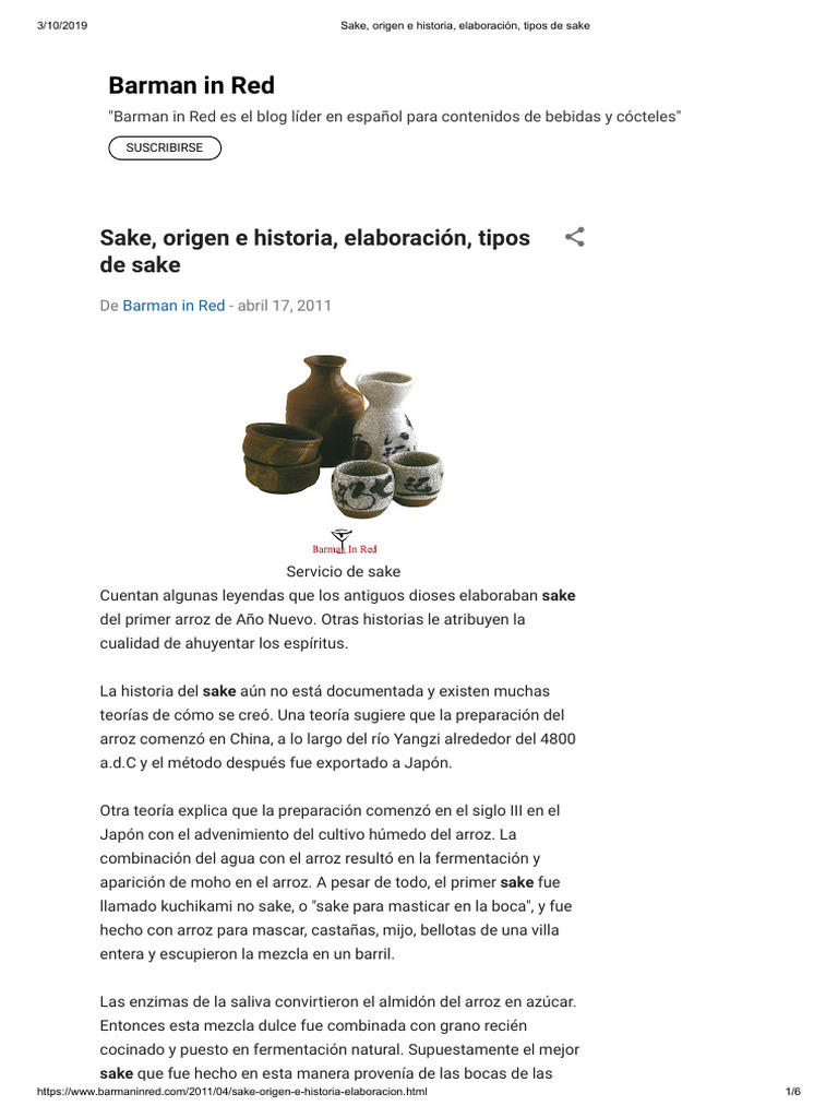Sake, Origen e Historia, Elaboración, Tipos de Sake | PDF Sake, Origen e Historia, Elaboración, Tipos de Sake | PDF