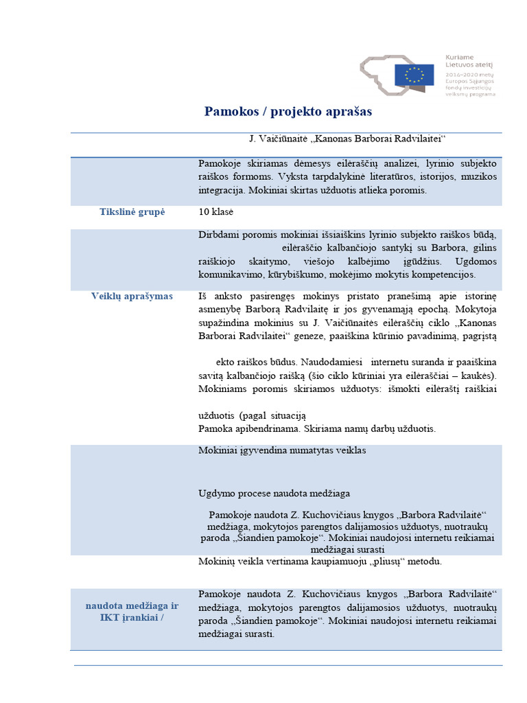 10 Klase. Lietuviu Kalbos Ir Literaturos Pamoka J.Vaiciunaite. Kanonas Barborai Radvilaitei | PDF