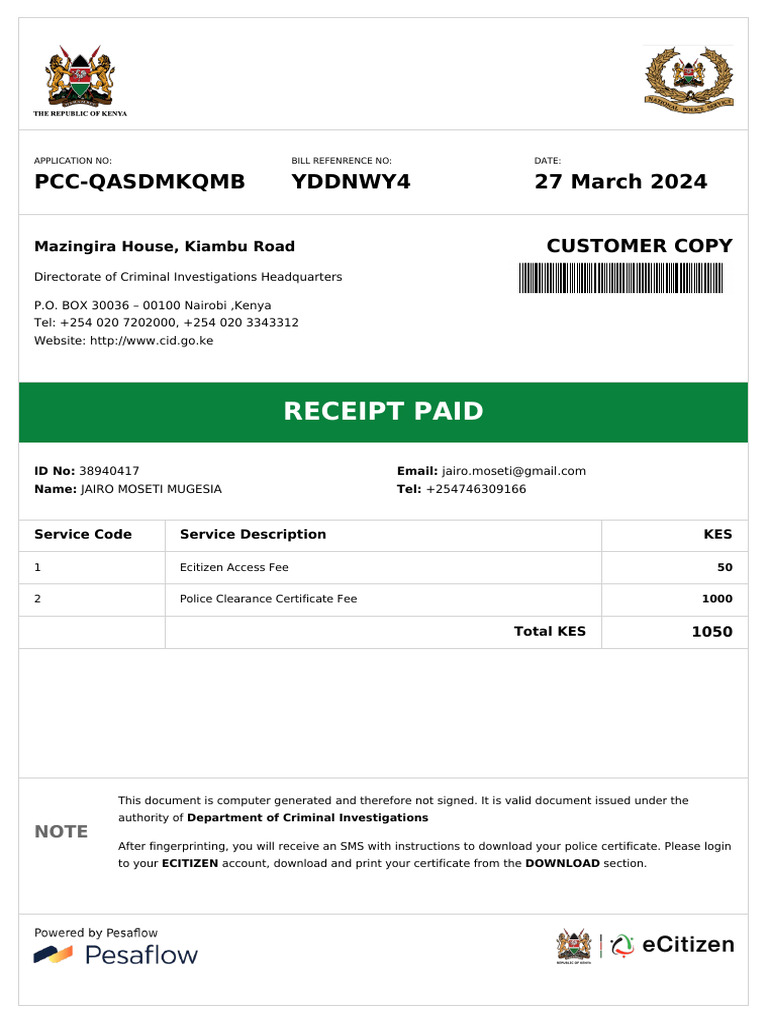 Pcc-Qasdmkqmb-Dci Receipt | PDF