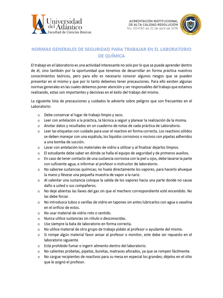 Normas Generales para Trabajar en El Laboratorio de Química | PDF | Laboratorios | Agua
