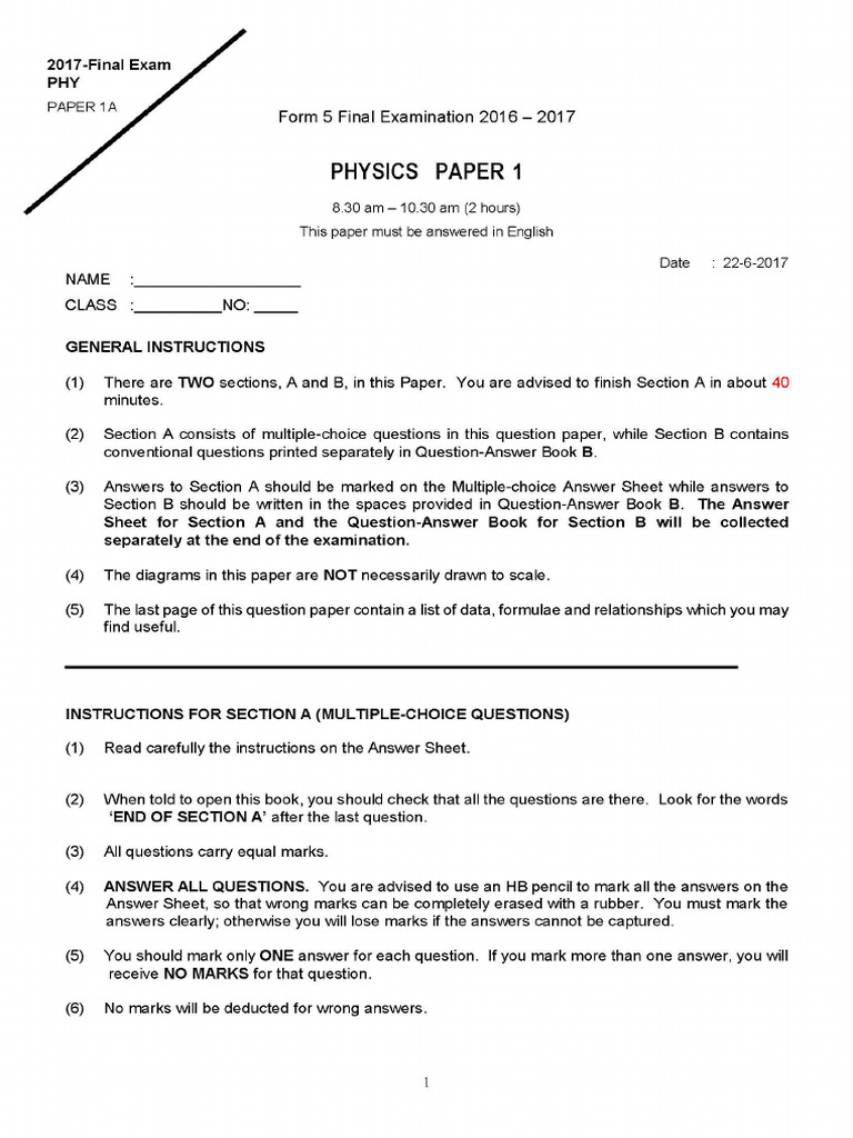 16-17 2nd Exam F5 Physics A | PDF
