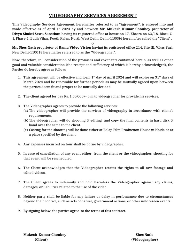 Videography Services Agreement 2024 | PDF | Indemnity | Common Law
