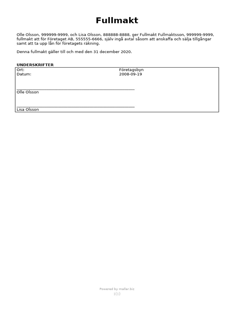 Fullmakt | PDF