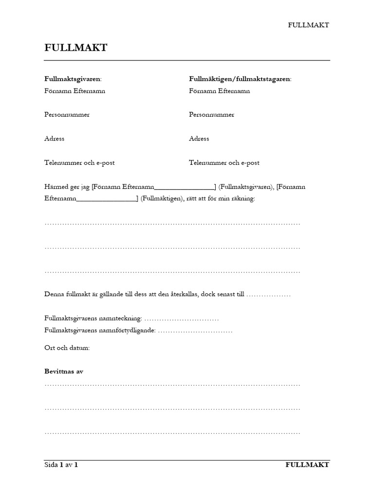 Fullmakt Mall | PDF
