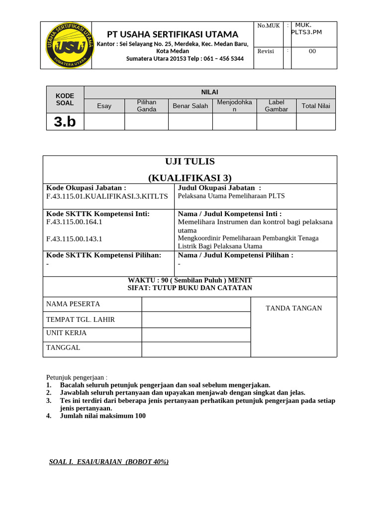 Soal Uji Tulis Pemeliharaan PLTS Level 3 | PDF