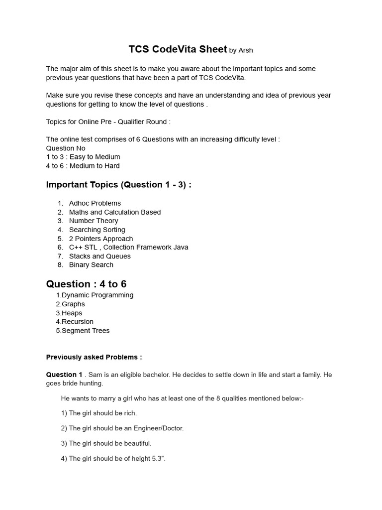 TCS CodeVita Sheet by Arsh | PDF TCS CodeVita Sheet by Arsh | PDF