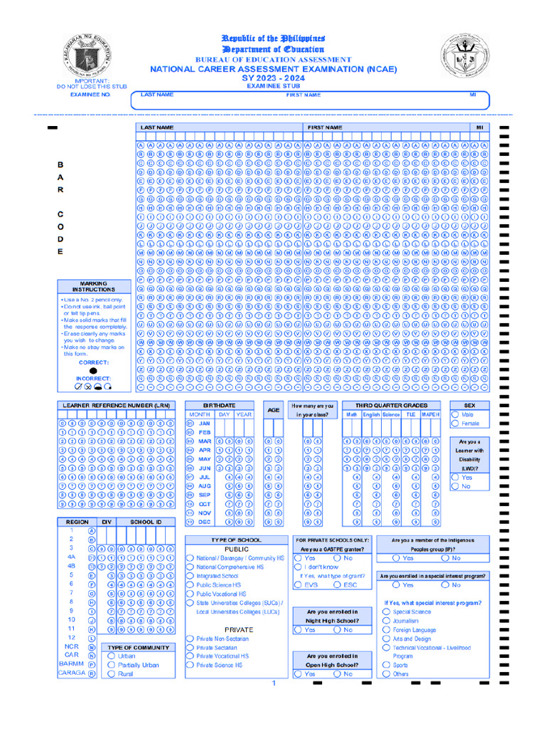 Ncae Answer Sheet - Sample | PDF