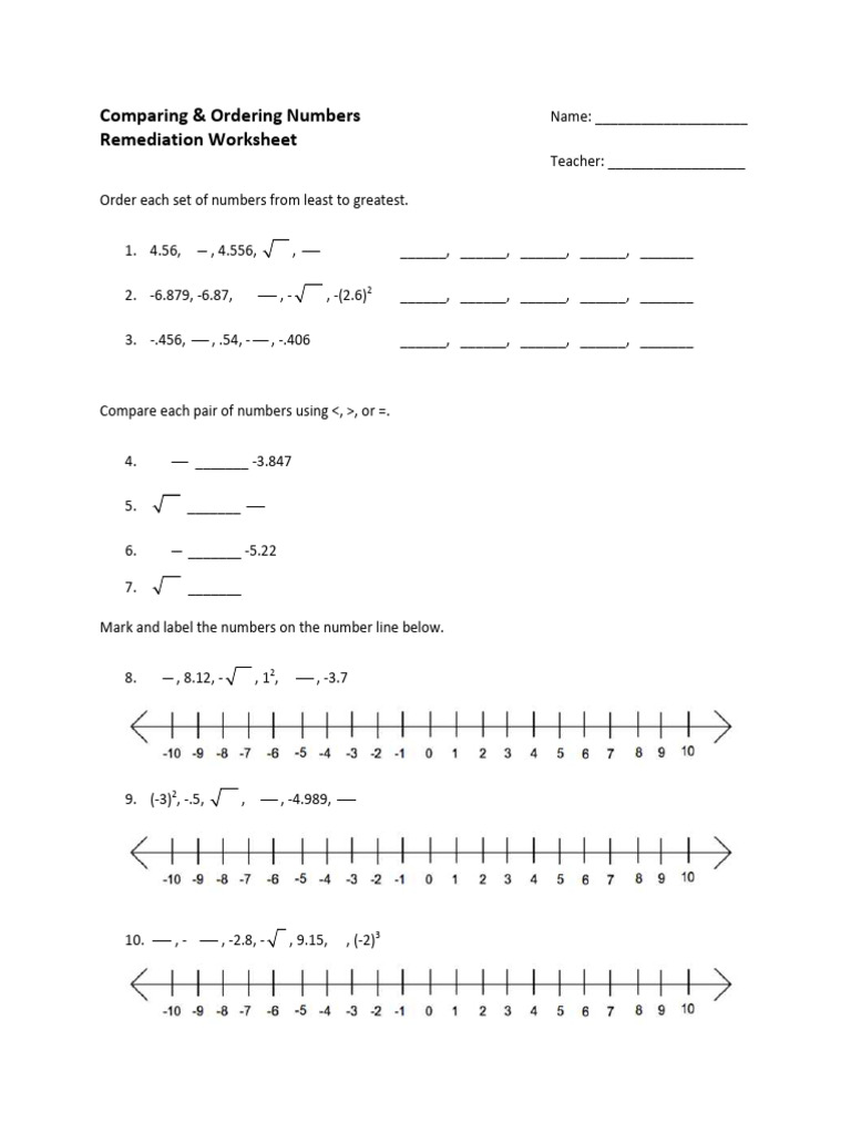Comparing Real Numbers Practice Worksheet | PDF