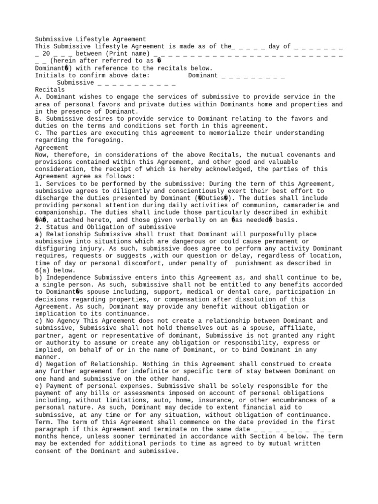 Submissive Lifestyle Agreement (Autosaved) 1 | PDF