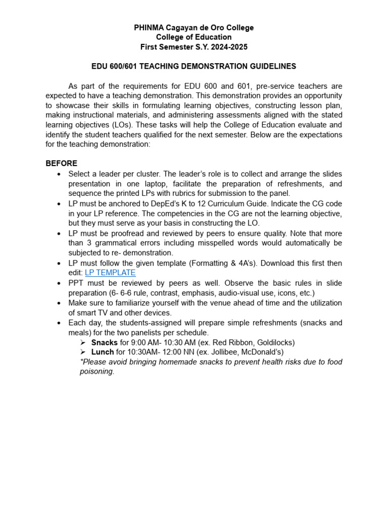 Edu 600 - 601 Teaching Demonstration Guidelines | PDF