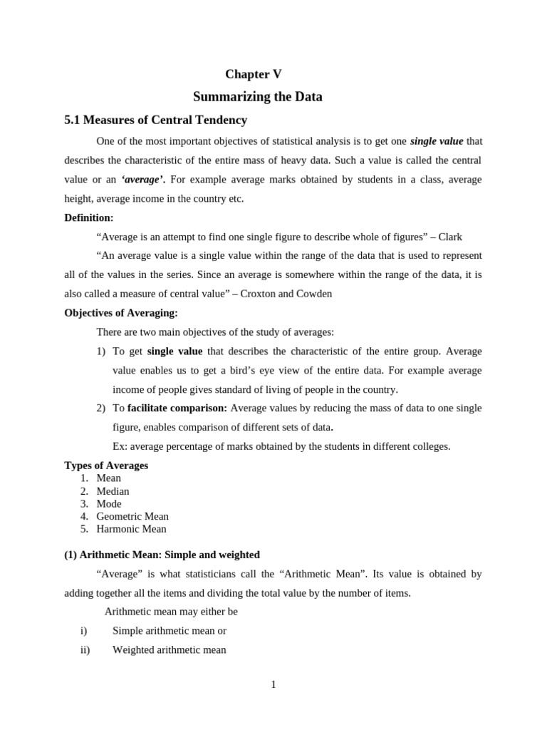 Chaper-V-Summarizing The Data 5.1 Measures of Central Tendency | PDF