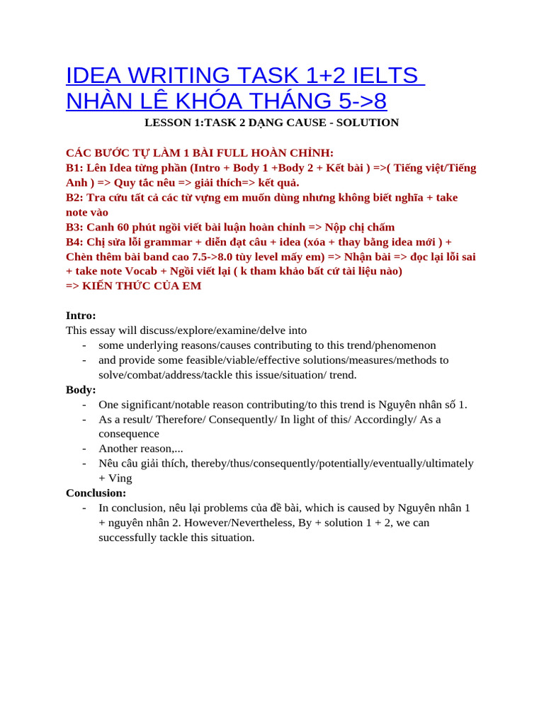 Idea Writing Task 1+2 Ielts Nhàn Lê Khóa Tháng 5 - 8 | PDF