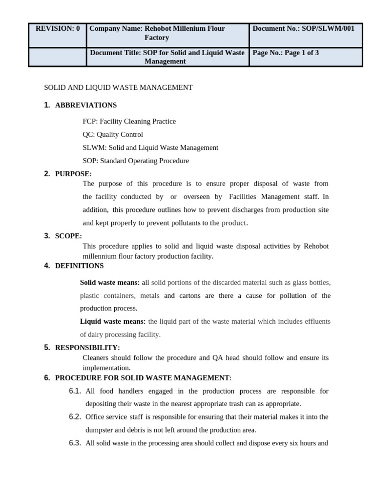 SOP for Solid and Liquid Waste Managements | PDF