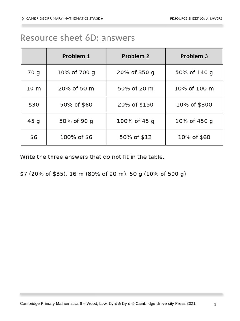Prim Maths 6 2ed TR Resource Sheet Answers 6d | PDF