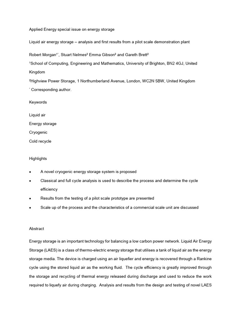 Liquid Air Energy Storage Analysis and First Results From A Pilot Scale ...
