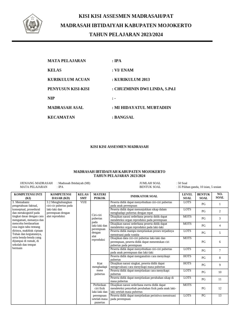 FORM KISI KISI PAT IPA | PDF