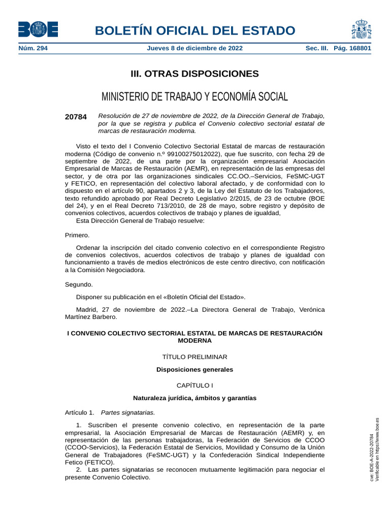 Convenio McDonald's BOE A 2022 20784 Rest Moderna | PDF