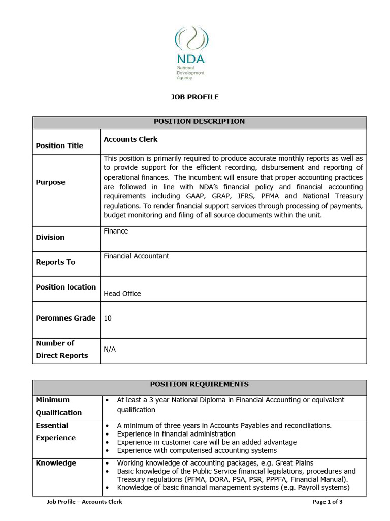 Accounts Clerk Job Profile | PDF | Accounting | Invoice