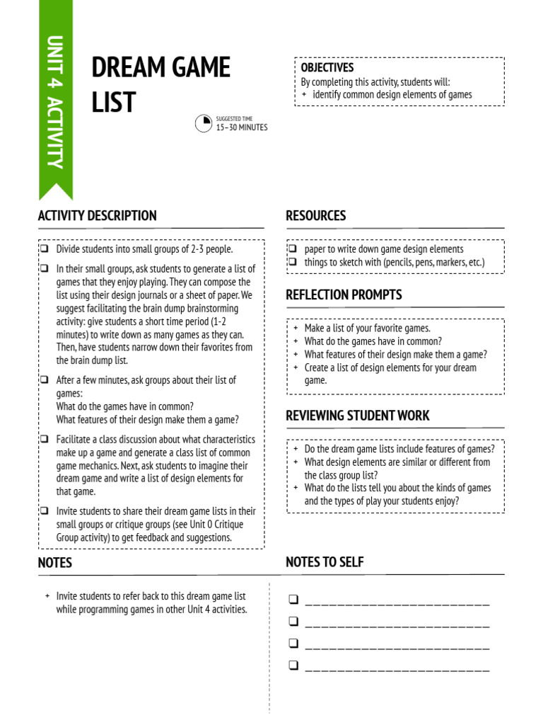 Unit 4 - Games - Dream Game List | PDF