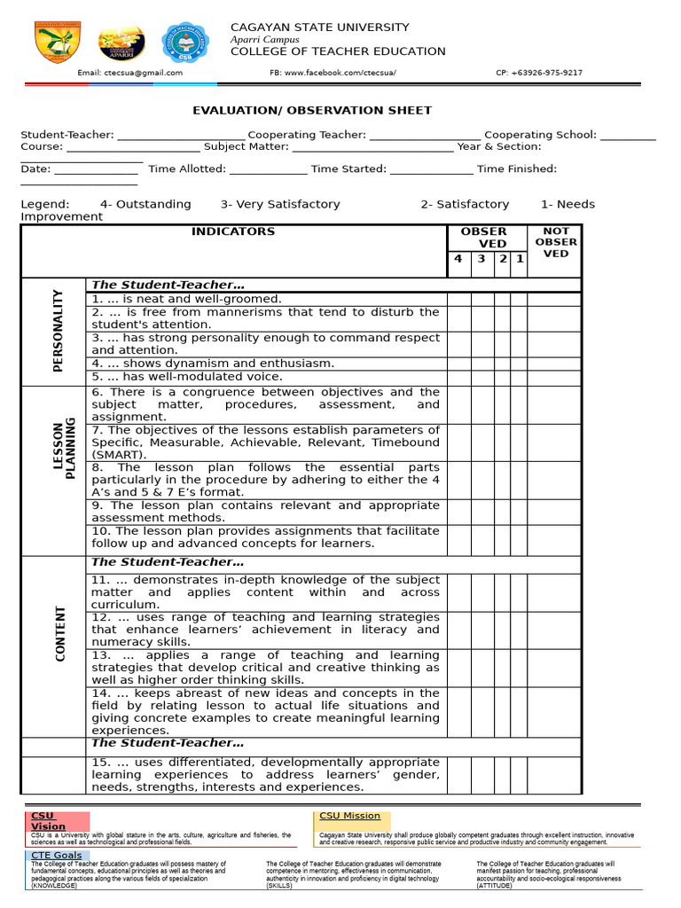 Evaluation Sheet | PDF | Teacher Education | Learning
