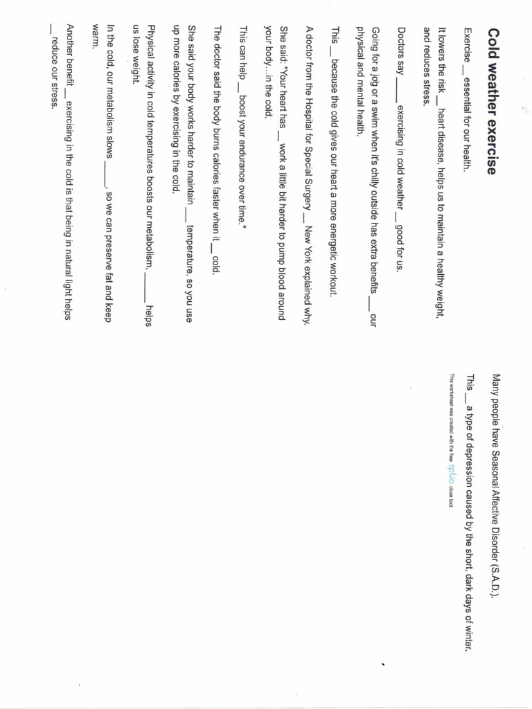 Open Cloze - Cold Weather Exercise | PDF