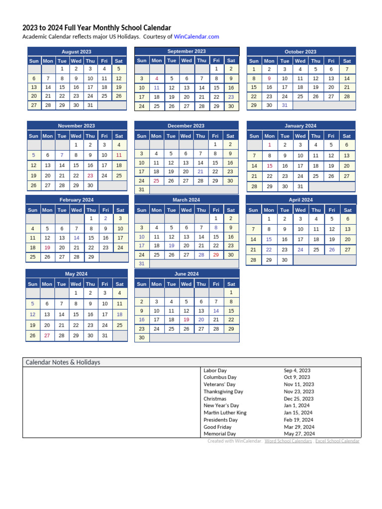 School Calendar 2023 2024 Monthly | PDF