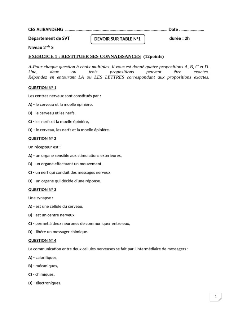 DEVOIR SUR TABLE N°1 2nde | PDF