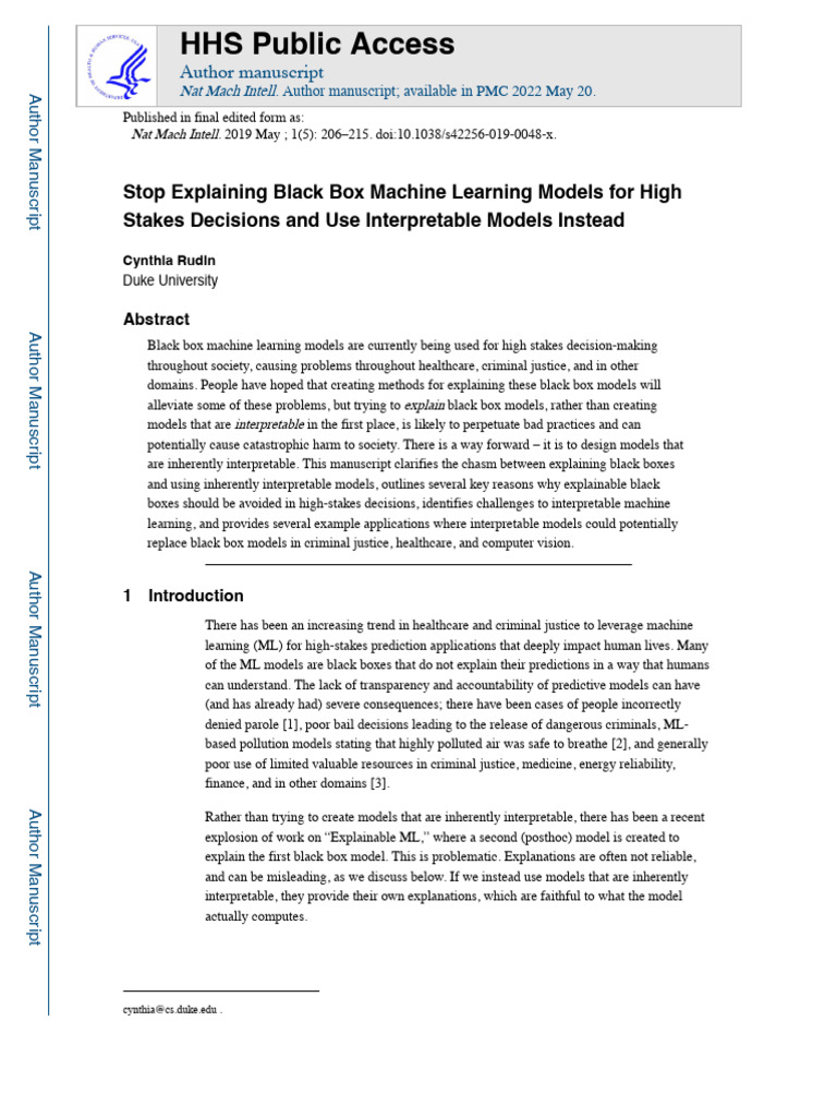 Rudin - 2019 - Stop Explaining Black Box Machine Learning Models For High Stakes Decisions and ...