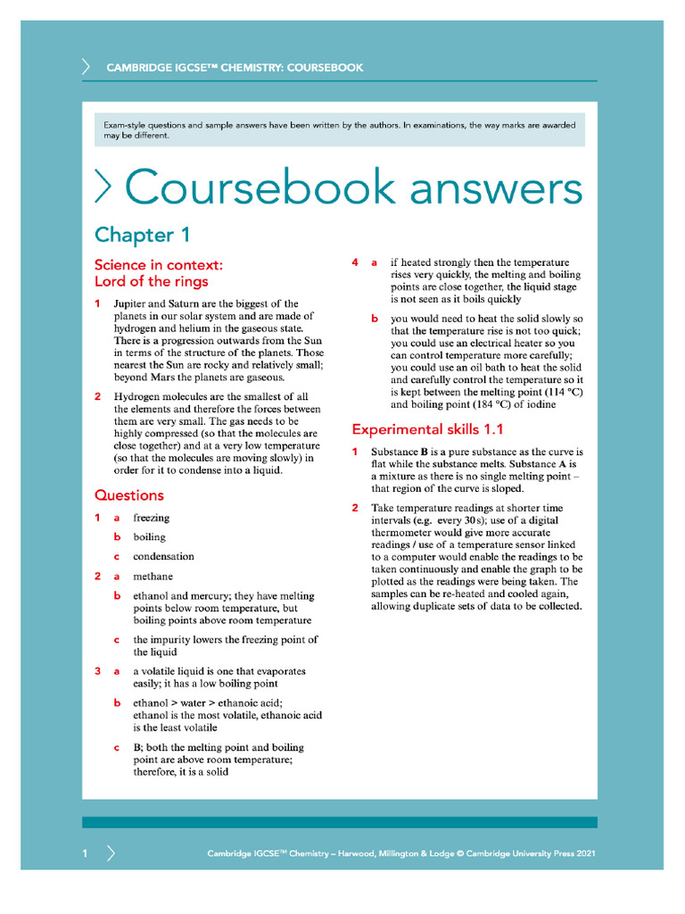 ANSWERS Cambridge IGCSE Chemistry Coursebook | PDF