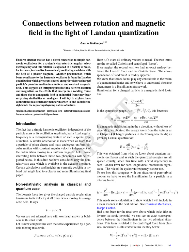 Connections Between Rotation and Magnetic Field in The Light of Landau Quantization | PDF