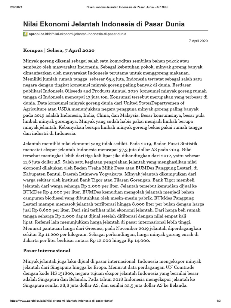 Nilai Ekonomi Jelantah Indonesia Di Pasar Dunia - APROBI | PDF