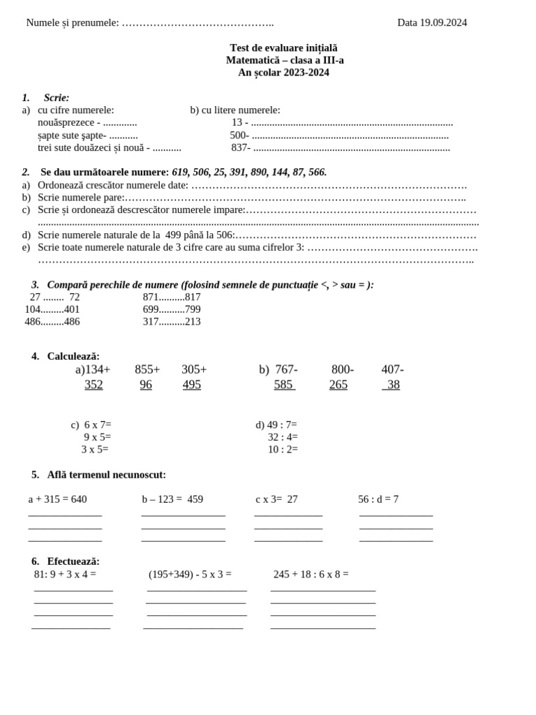 Test - Initial - Matematica - CL 3 +BUN | PDF