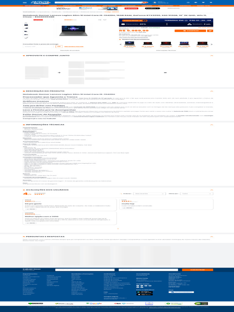 Notebook Gamer Lenovo Legion Slim 5i - KaBuM! | PDF
