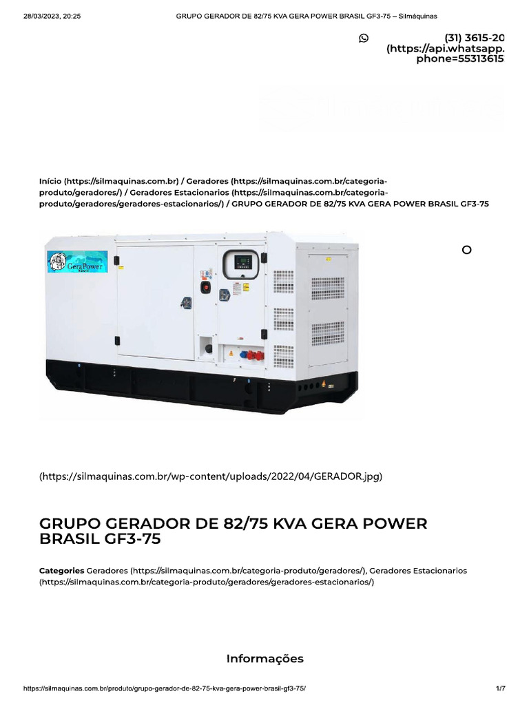 GRUPO GERADOR DE 82_75 KVA GERA POWER BRASIL GF3-75 – Silmáquinas | PDF
