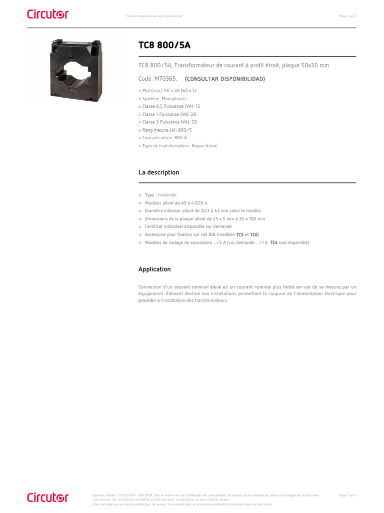 TC8 800/5A, Transformateur de Courant À Profil Étroit, Plaque 50x30 MM ...