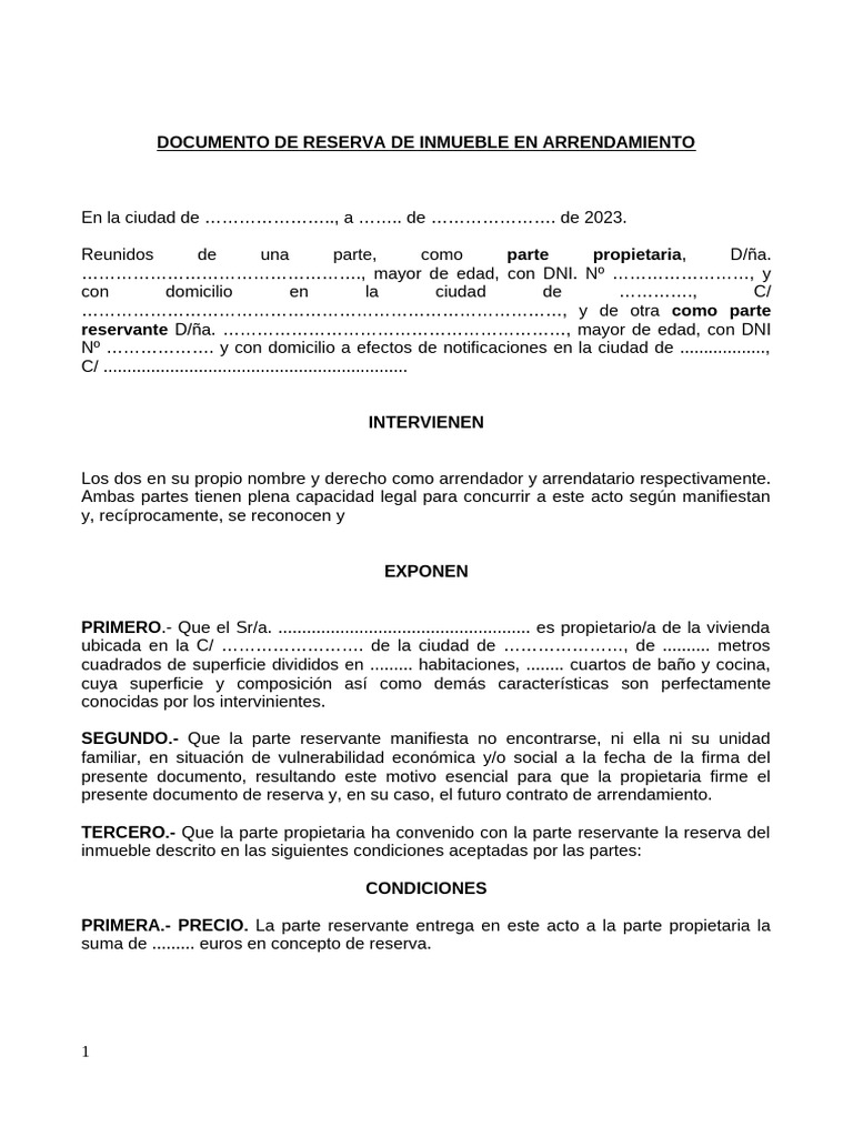 Documento de Reserva de Alquiler de Vivienda | PDF