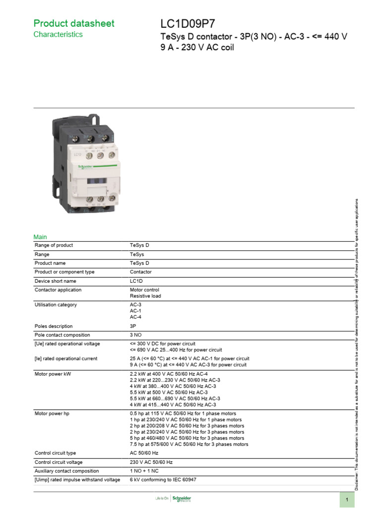LC1D09P7: Product Datasheet | PDF