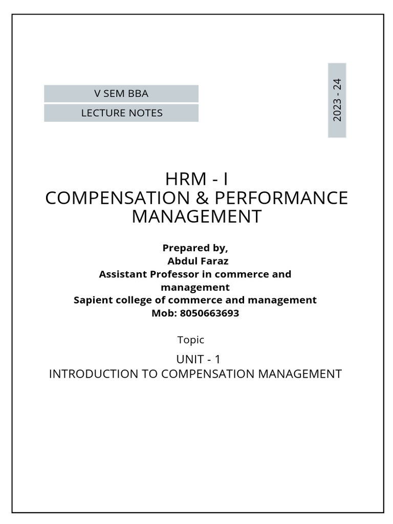 HRM - I Compensation & Performance Management: V Sem Bba Lecture Notes ...
