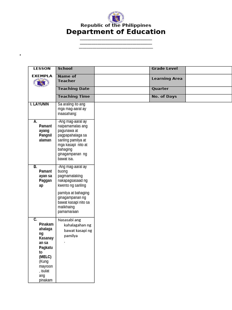 Arpan-Pamilya-Week3-2nd Quarter-Exemplar For Cot | PDF