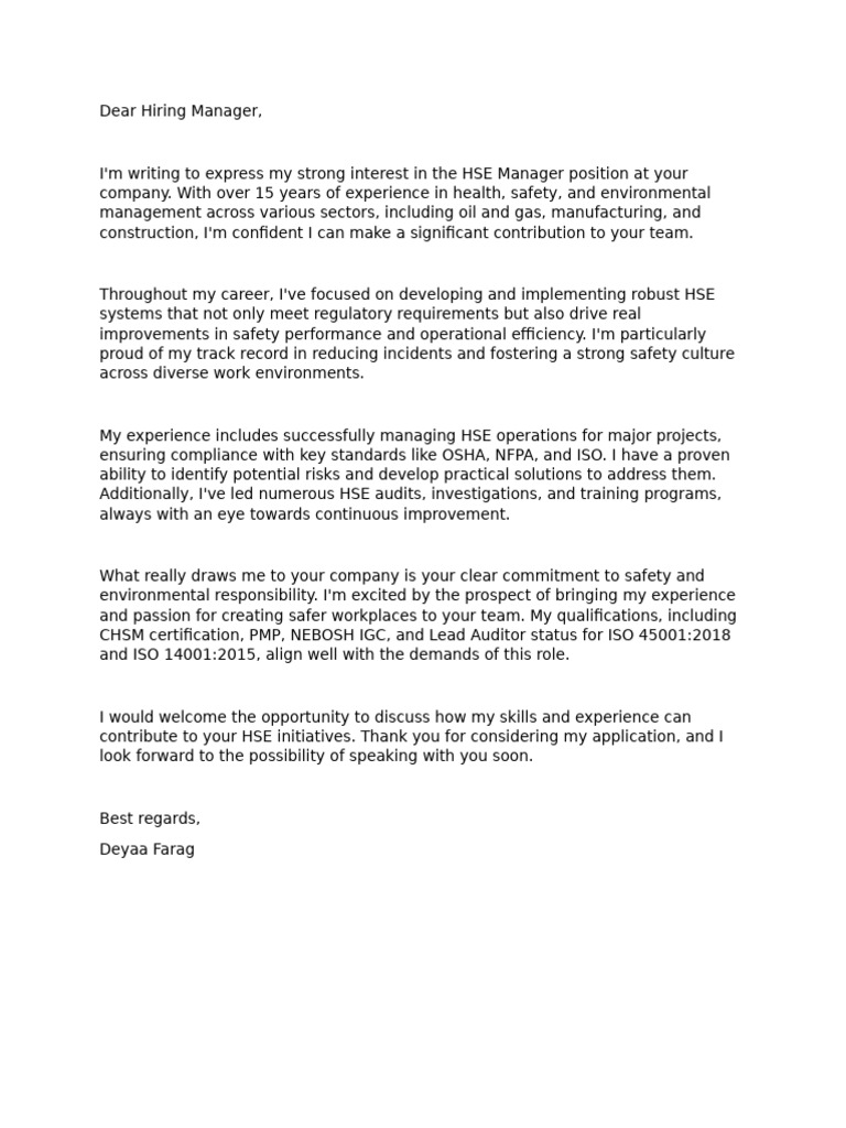 Deyaa Farag - Cover Letter | PDF