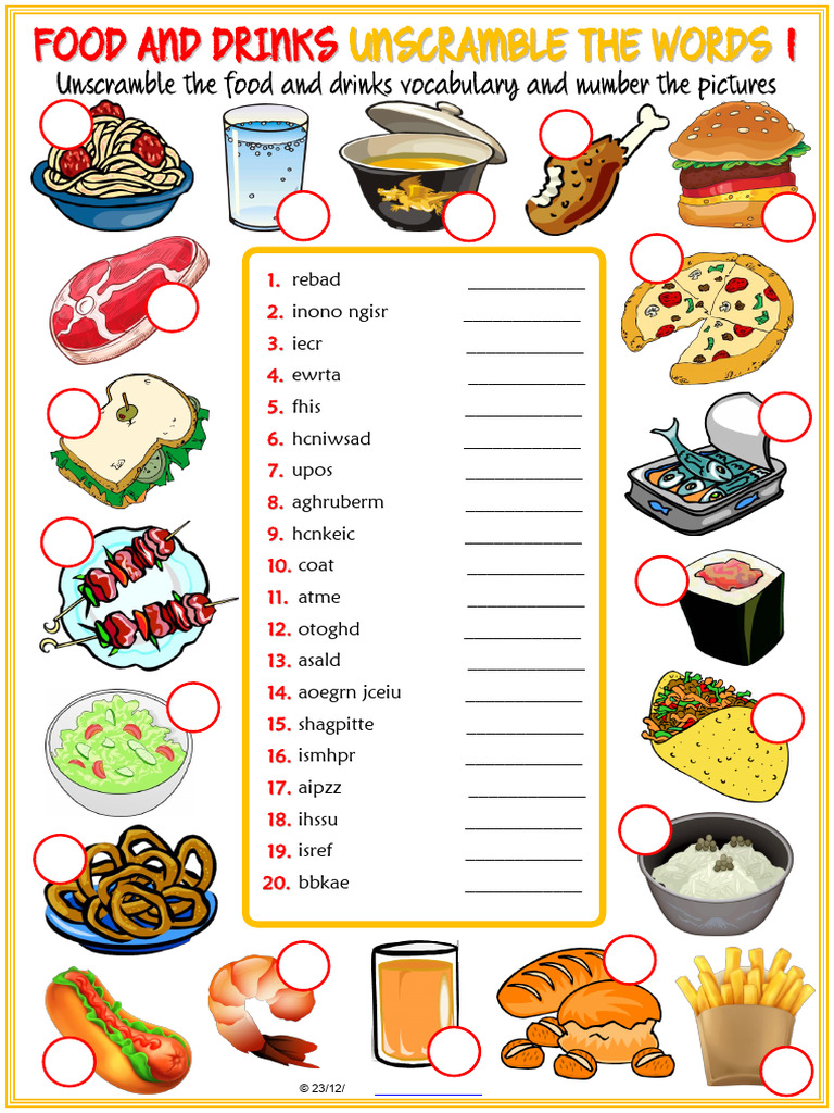 Food and Drinks Vocabulary Esl Unscramble The Words Worksheets For Kids ...