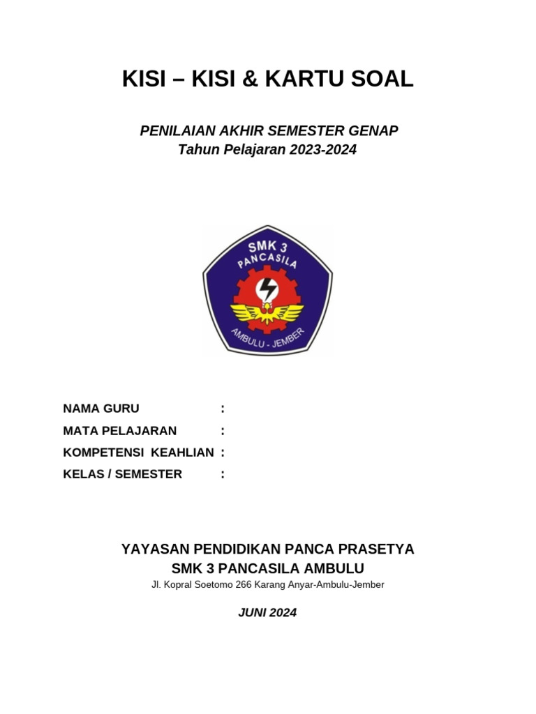Kelas Xi - Kisi-Kisi Dan Kartu Soal Mapel.... Pas Genap 2023-2024 | PDF