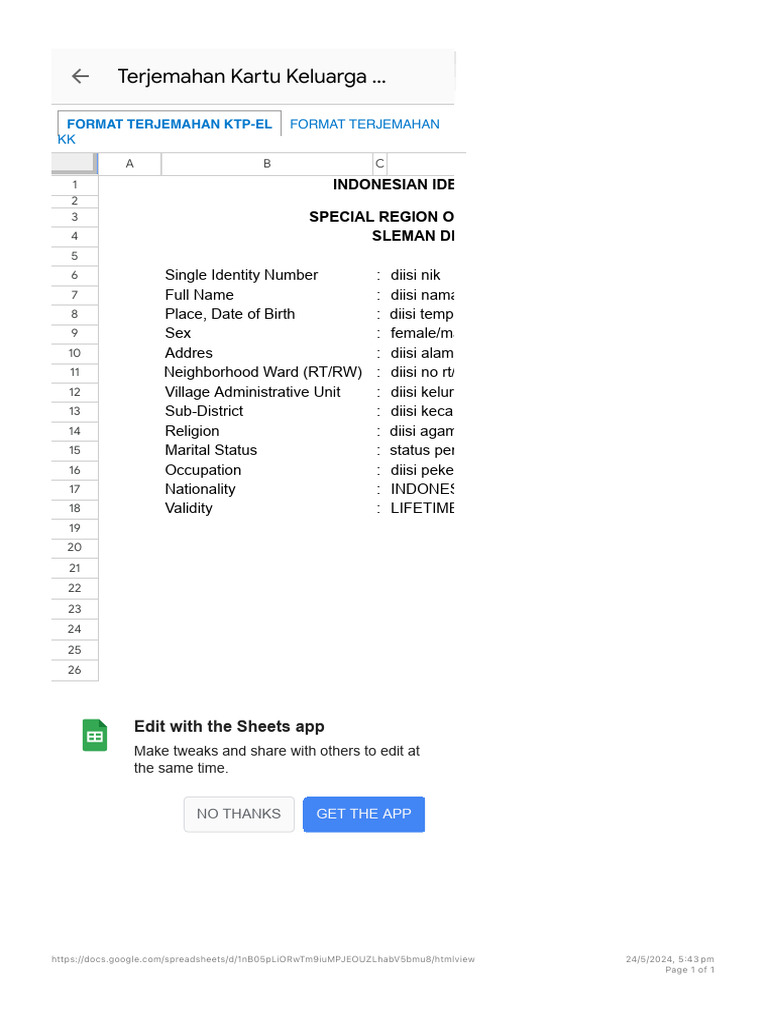 Terjemahan Kartu Keluarga Dan KTP - XLSX - Google Drive | PDF