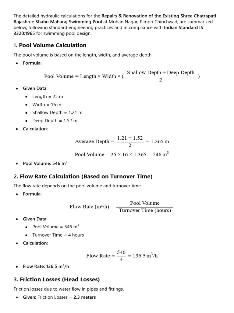 Swimming Pool Calculation Name of Work | PDF