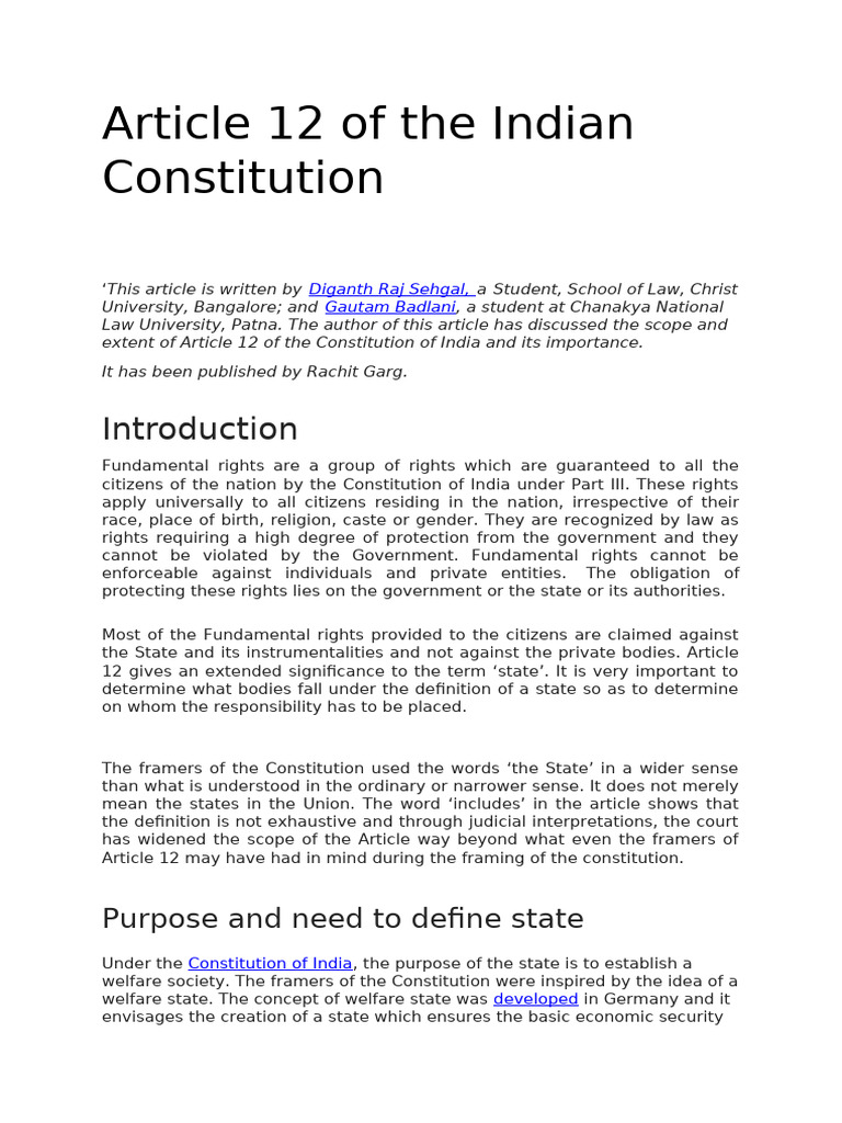 Article 12 of The Indian Constitution | PDF