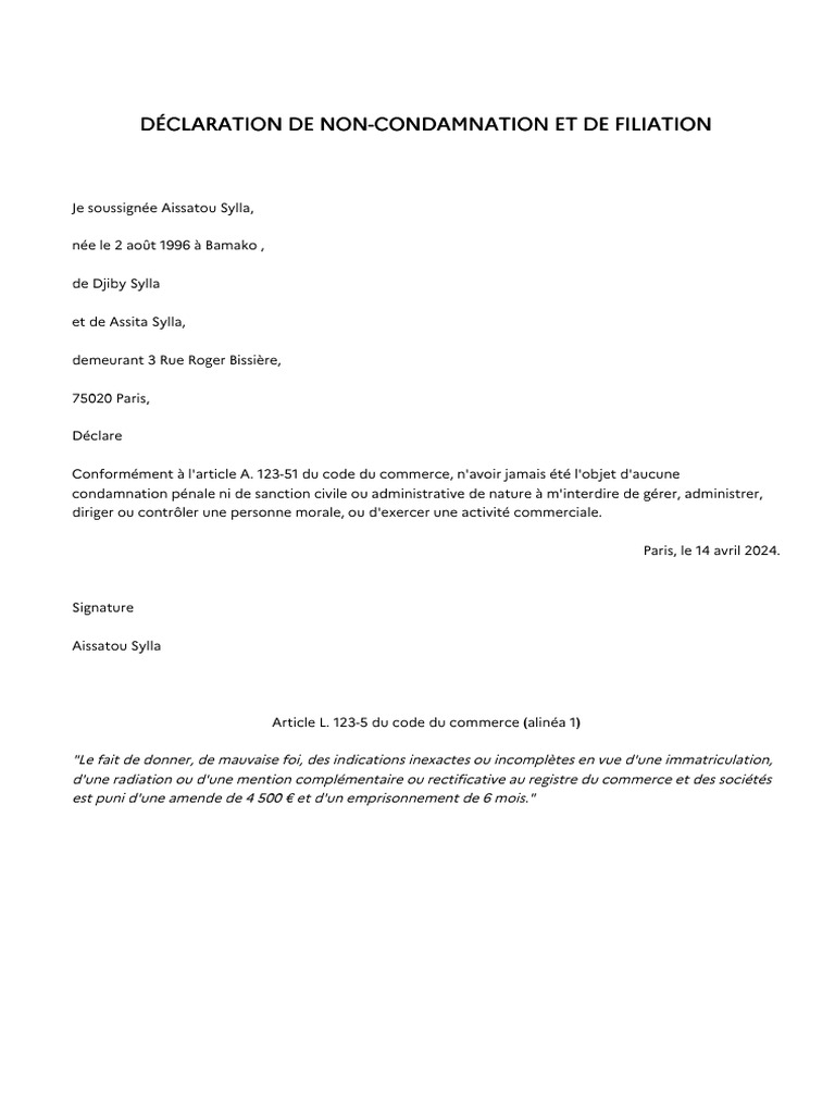 Declaration Non Con Damnation Et Filiation | PDF