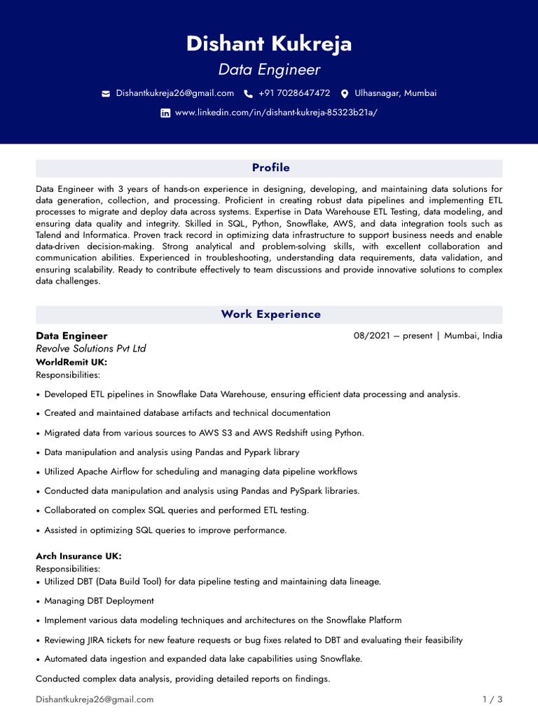 Dishant Kukreja CV Data Engineer 2 | PDF | Apache Spark | Data Warehouse