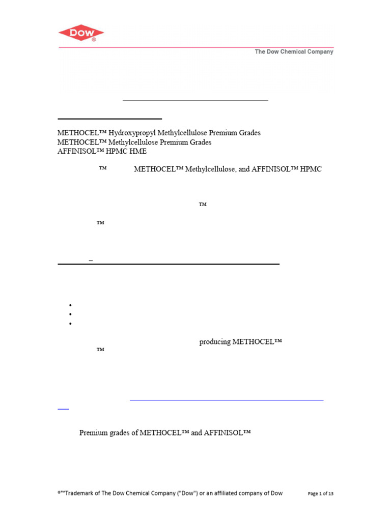 TDS Methocel K4M Premium Hydroxypropyl Methylcellulose Dow | PDF
