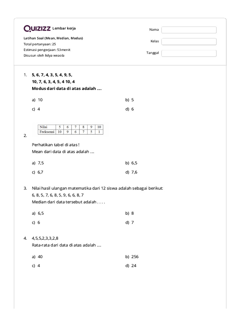 Latihan Soal (Mean, Median, Modus) | PDF