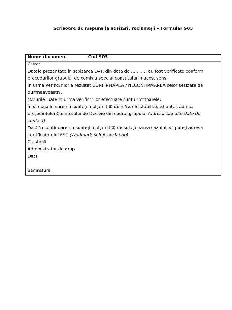 Anexa 14 - S03 - Scrisoare de Raspuns La Sesizari Si Reclamatii | PDF